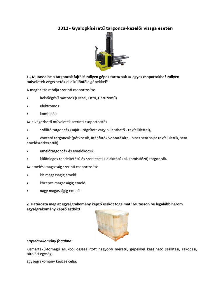 3312 - Gyalogkíséretű targonca-kezelői vizsga esetén | PDF