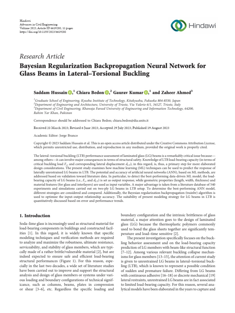 Research Article Bayesian Regularization Backpropagation Neural Network For Glass Beams in ...
