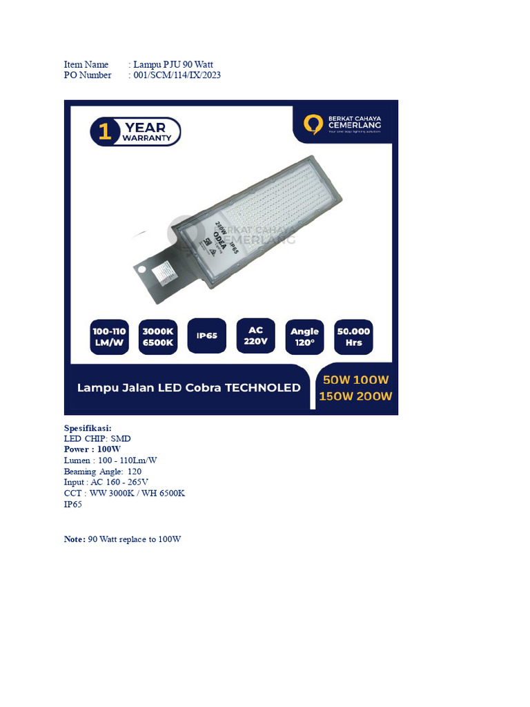 Datasheet Spesifikasi Lampu PJU LED 100W | PDF