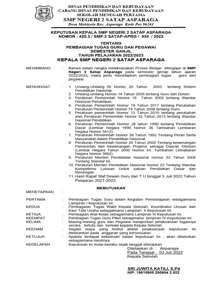 SK PEMBAGIAN TUGAS Ganjil 2022-2023 | PDF