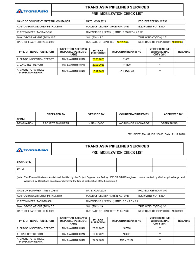 Pre-Mobilzation Checklist W 766 | PDF