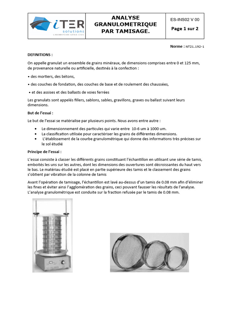 Es-Ins02 V00 Analyse Granulometrique Par Tamisage. | PDF | Technologie ...