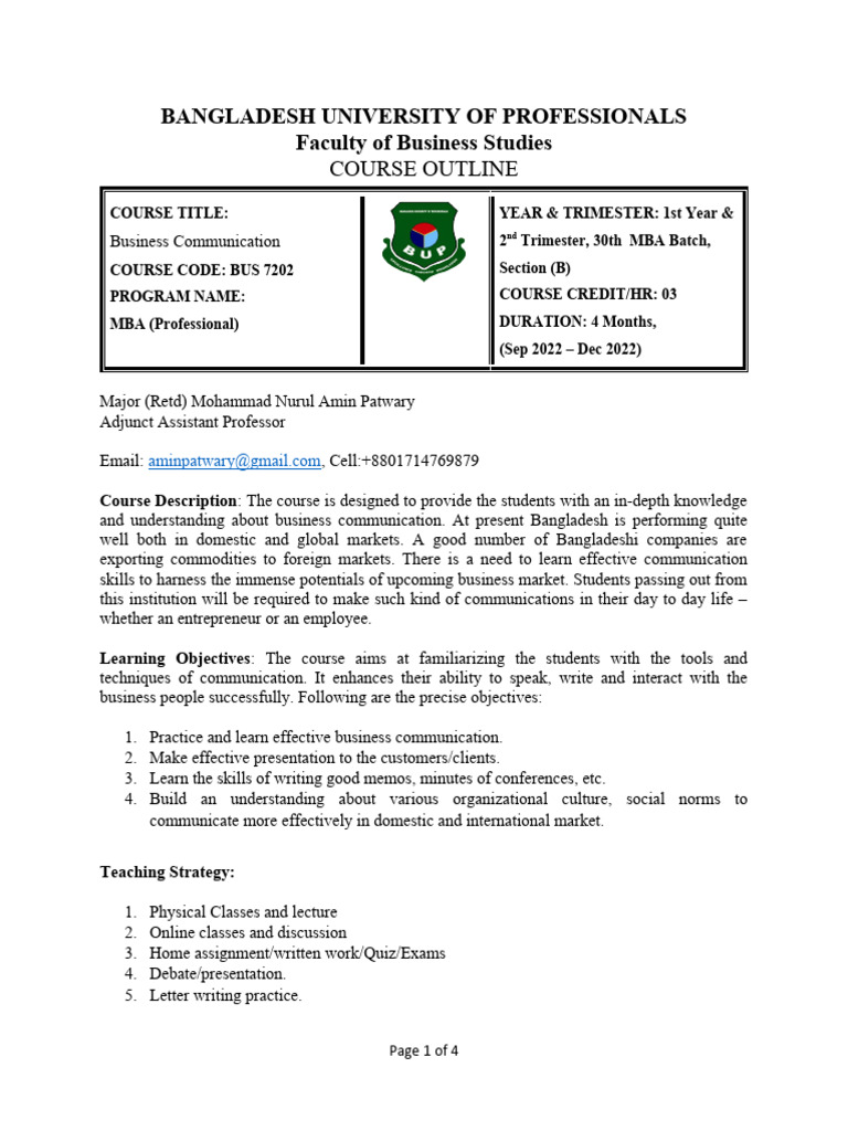 Business Communication Course Outline. 30 MBA Batch, Section B. Sep ...