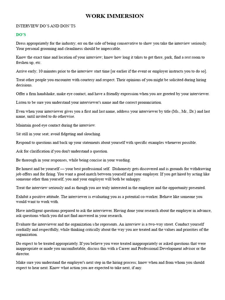 Work Immersion Interview | Download Free PDF | Employment