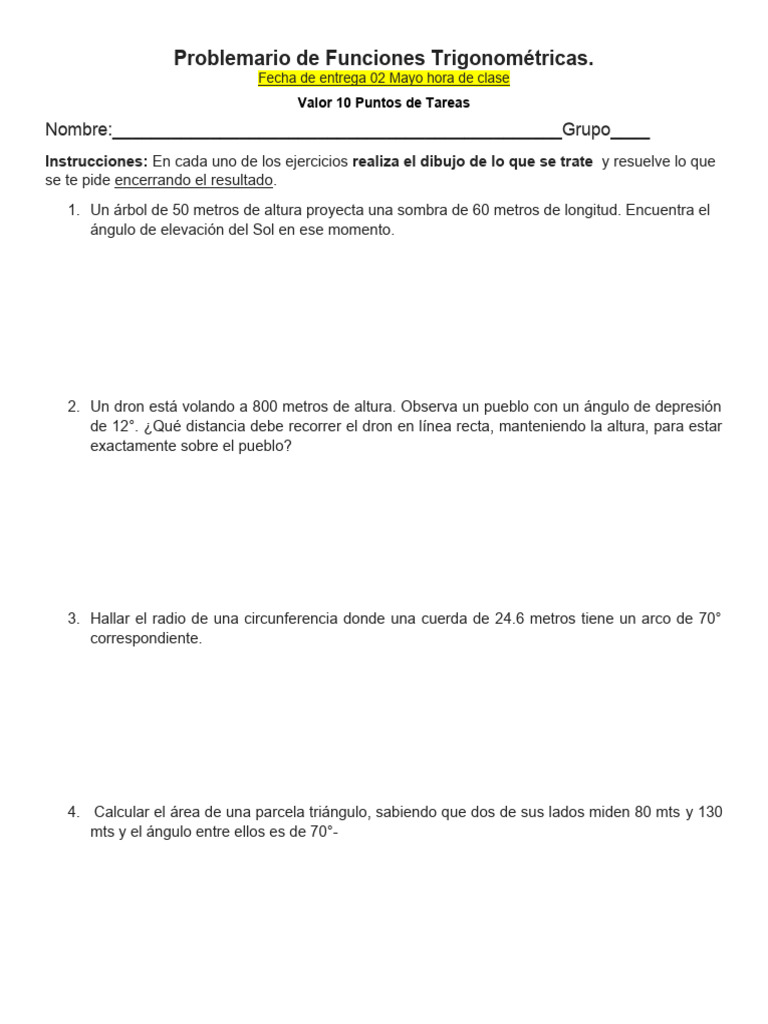 Problemario de Funciones Trigonométricas | PDF