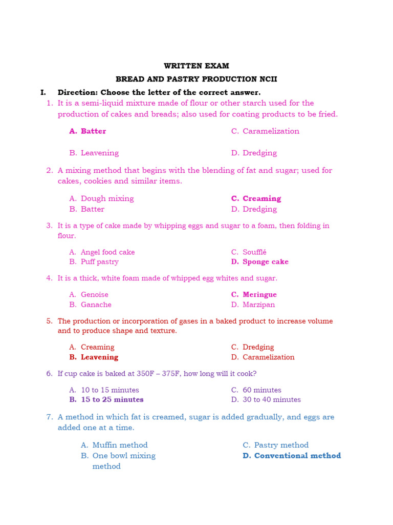 Written Exam BREAD AND PASTRY PRODUCTION NCII | PDF Written Exam BREAD AND PASTRY PRODUCTION NCII | PDF