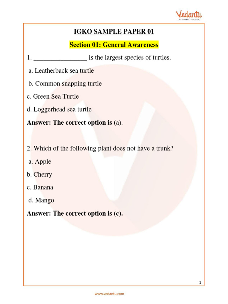 IGKO Olympiad Sample Paper 1 PDF With Answers For Class 4 | PDF