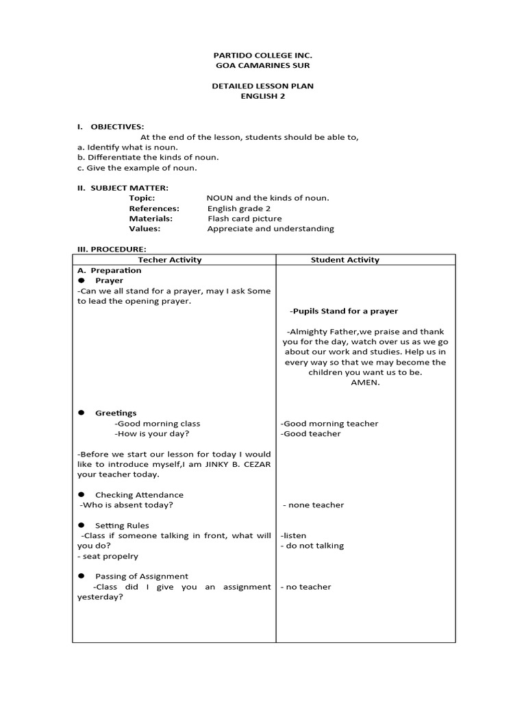 English 2 Lesson Plan on Nouns | PDF