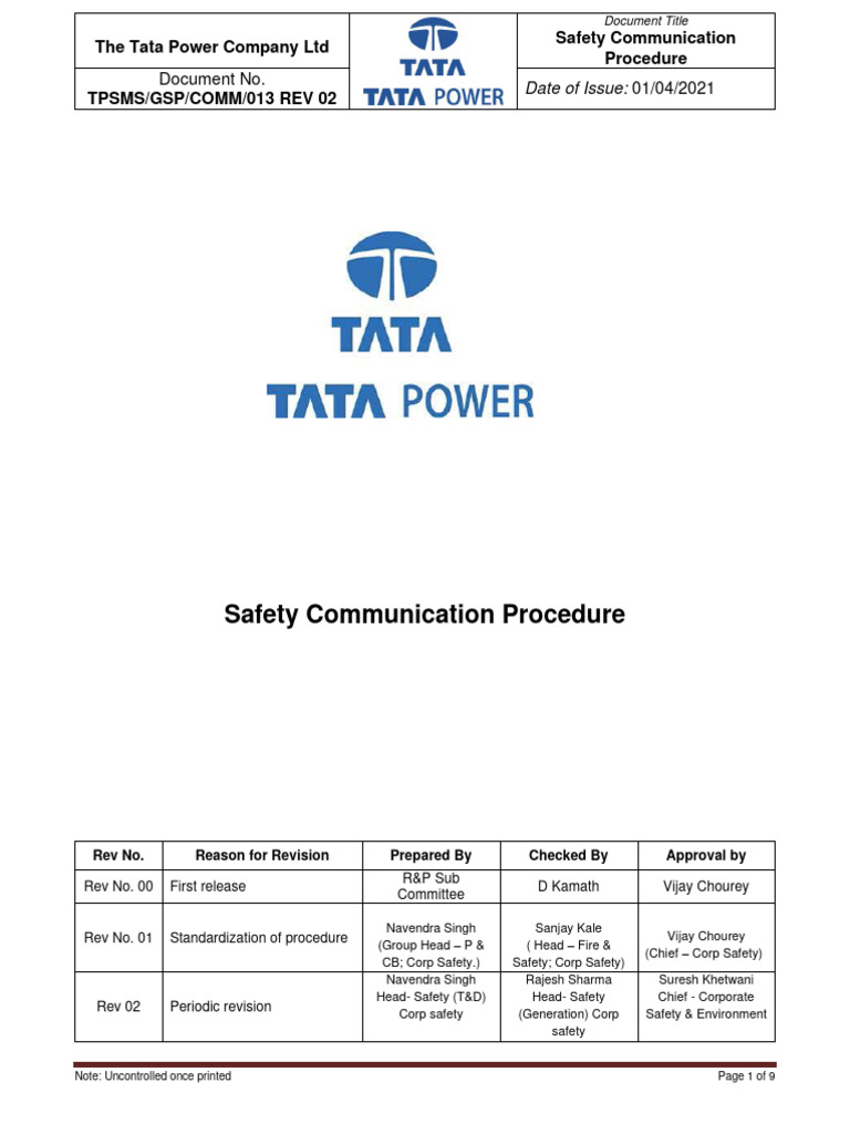 10 - Tata Power Safety Communication - Procedure | PDF