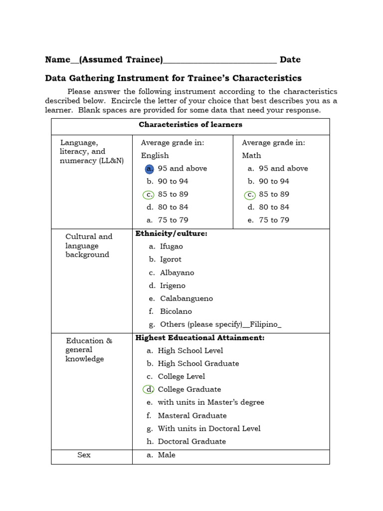 Trainee Characteristics Assessment Form | PDF | Learning | Learning Styles