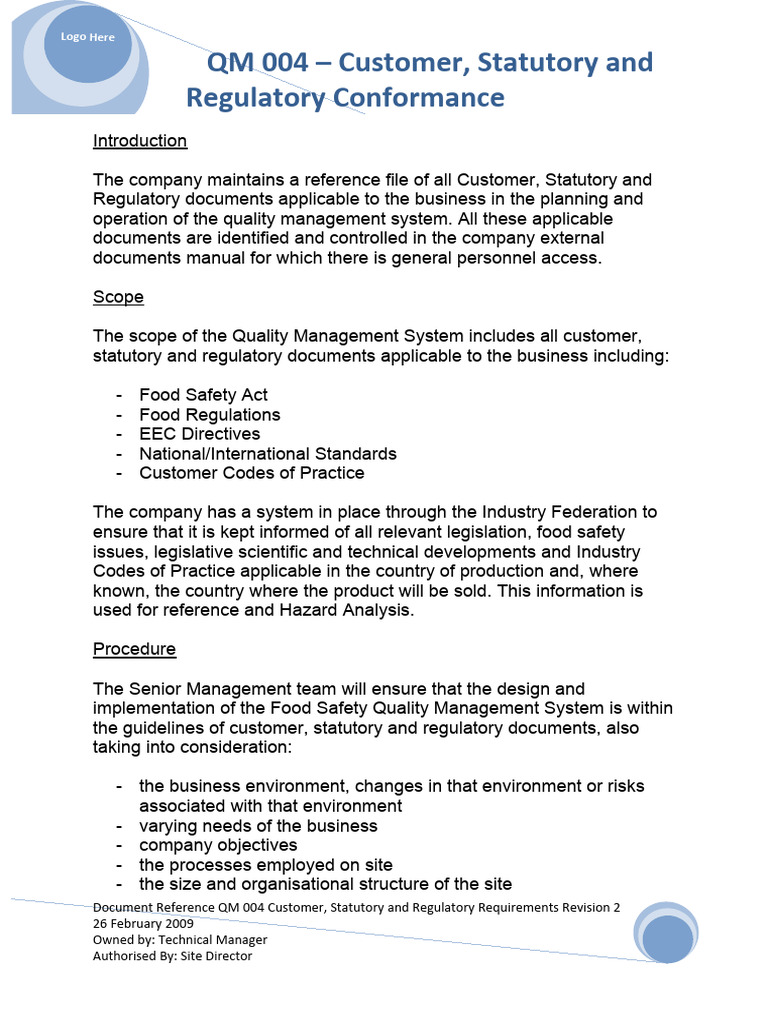 QM 004 Customer, Statutory and Regulatory Conformance | PDF