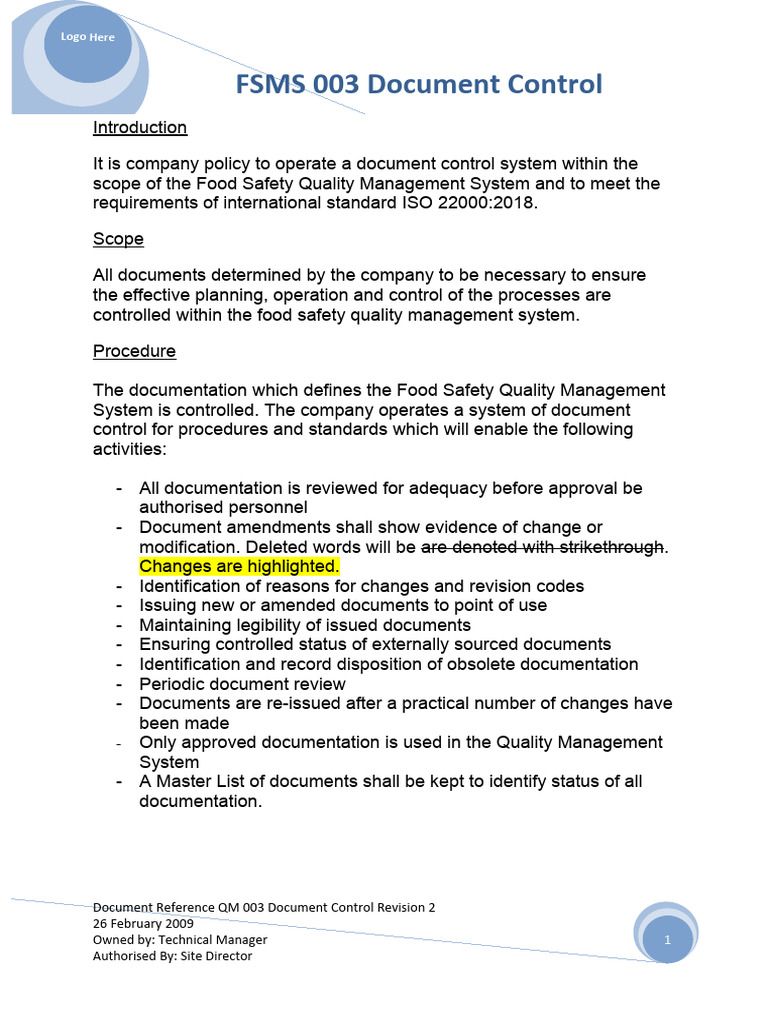 QM 003 Document Control | PDF