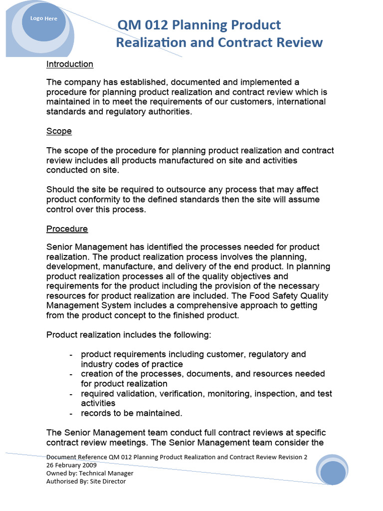 QM 012 Planning Product Realization and Contract Review | PDF