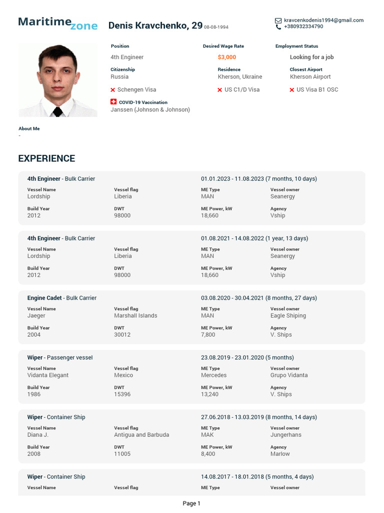 CV Denis Kravchenko | PDF | Shipping | Water Transport