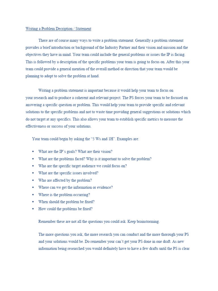 Writing A Problem Description or Statement | PDF