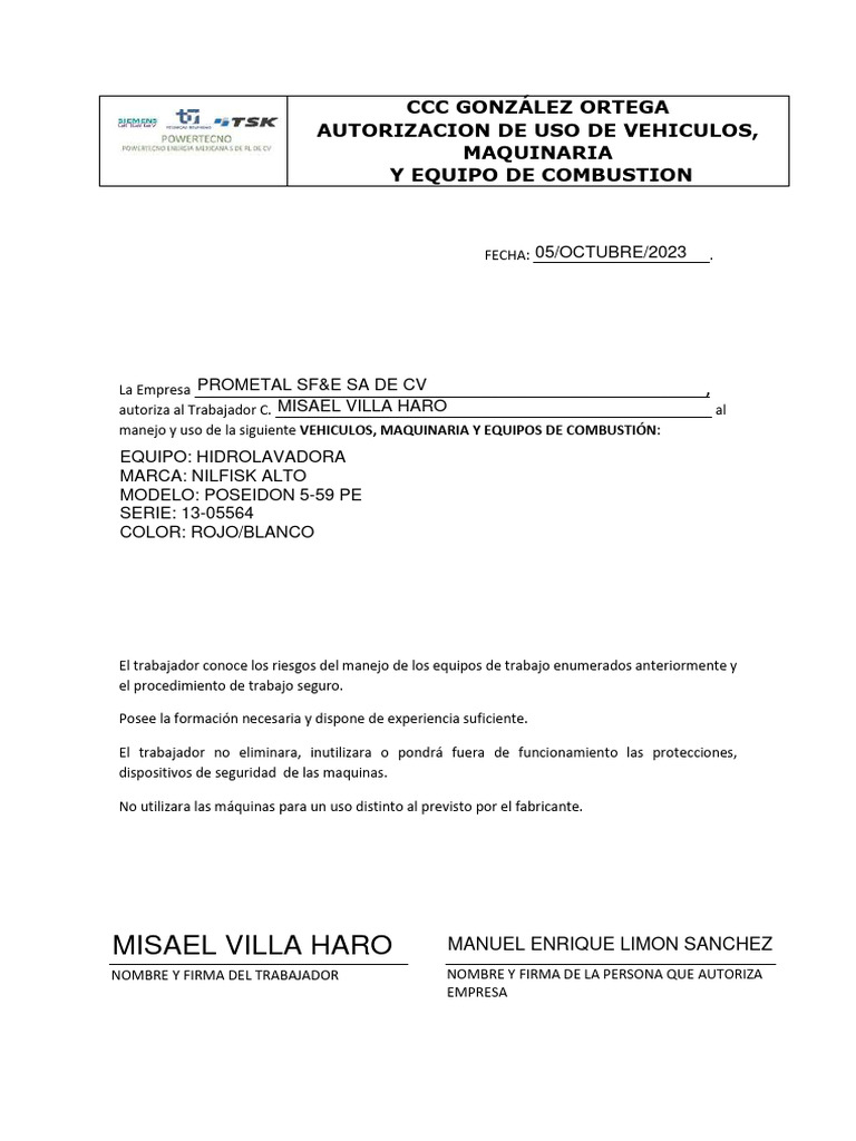 Autorizacion Maquinaria Misael Villa Haro | PDF