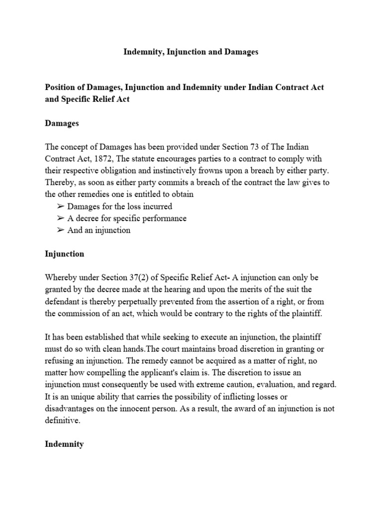 Indemnity, Injunction & Damages Explained | PDF