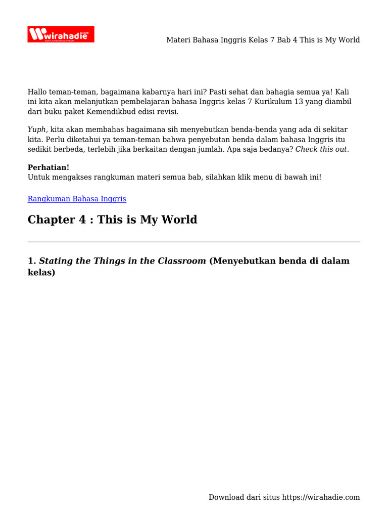 Materi Bahasa Inggris Kelas 7 Bab 4 This Is My World | PDF