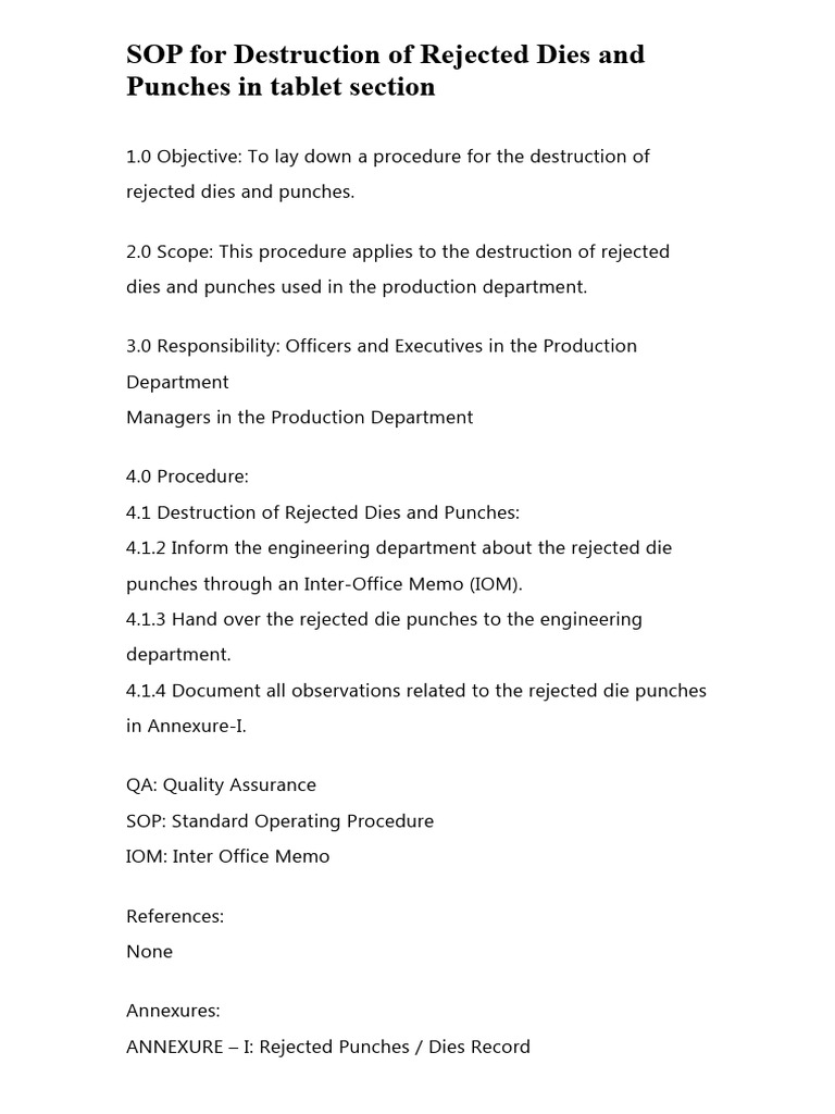 SOP for Destruction of Rejected Dies and Punches in Tablet Section | PDF