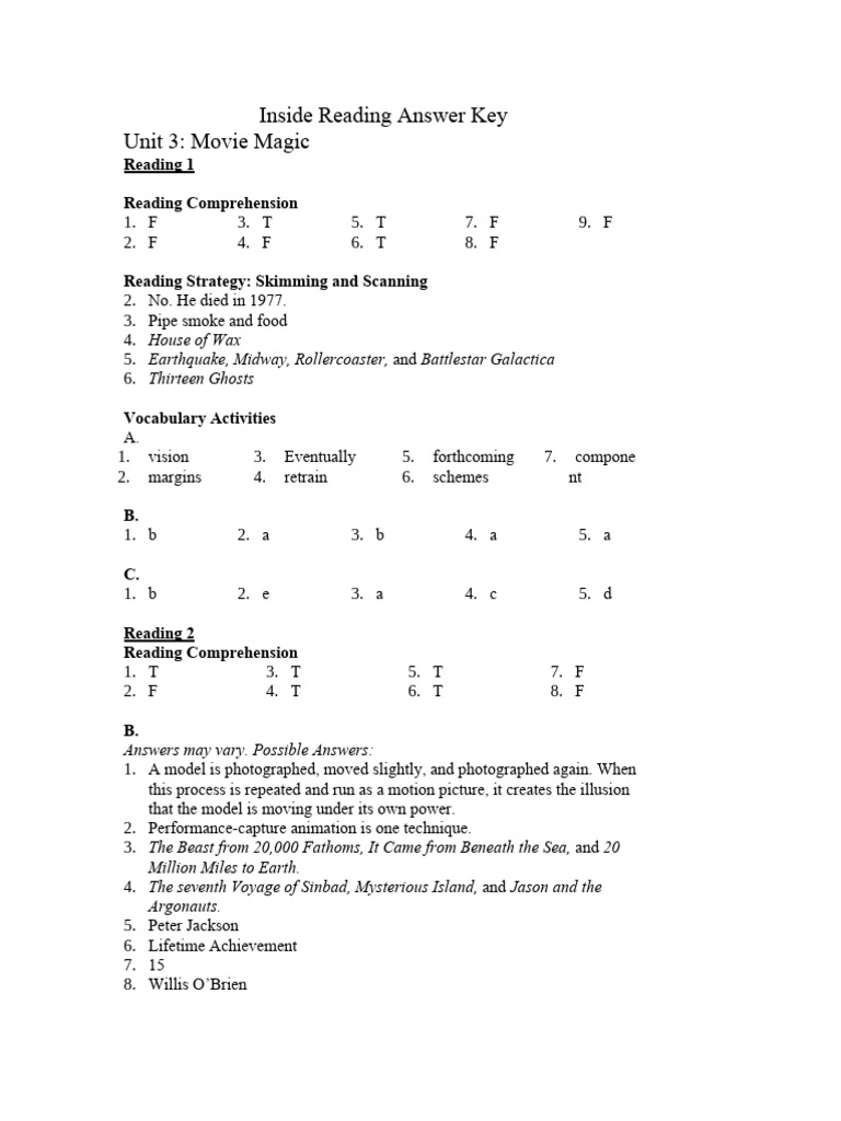 Inside Reading Answer Key Unit 3 Movie M | PDF