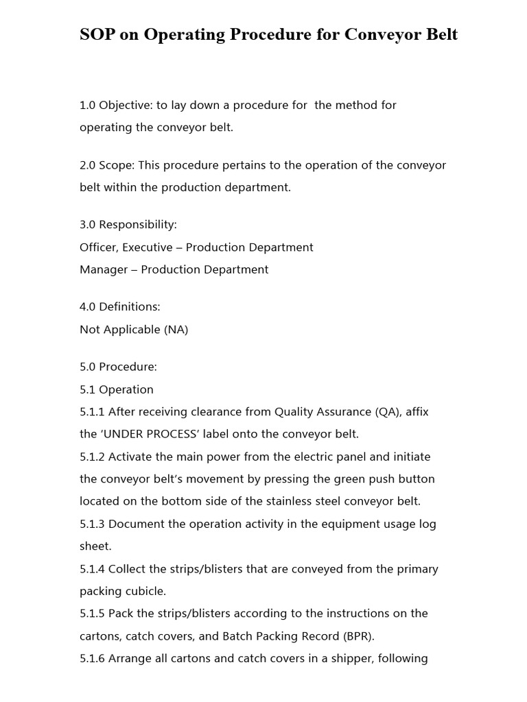 SOP On Operating Procedure For Conveyor Belt | PDF