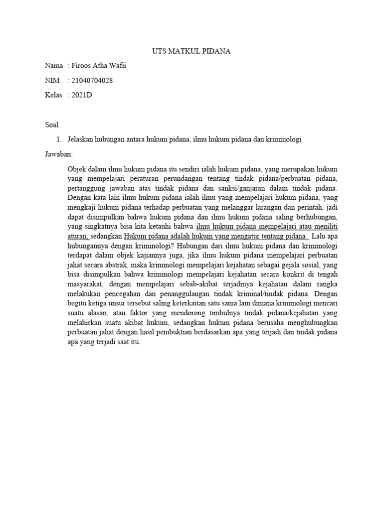 Firoos Atha Wafii - UTS Pidana | PDF