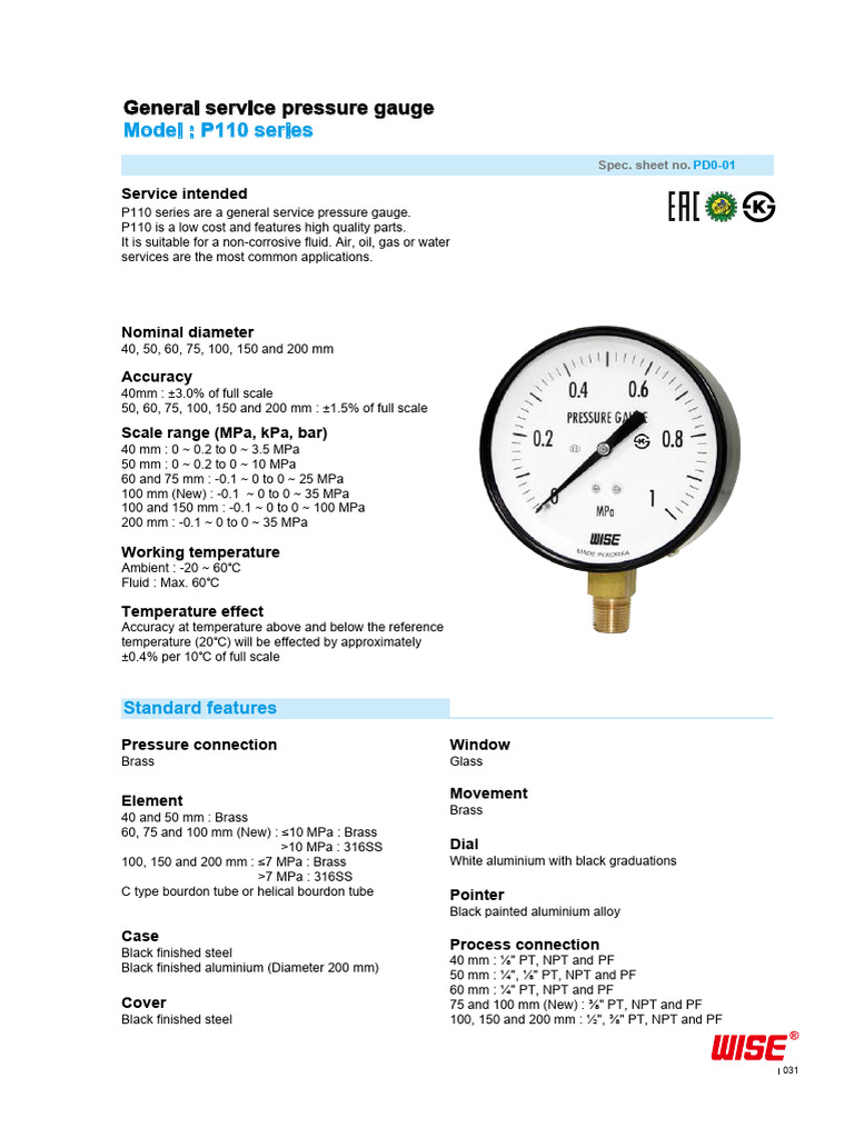 Model: P110 Series: General Service Pressure Gauge | PDF | Pressure ...