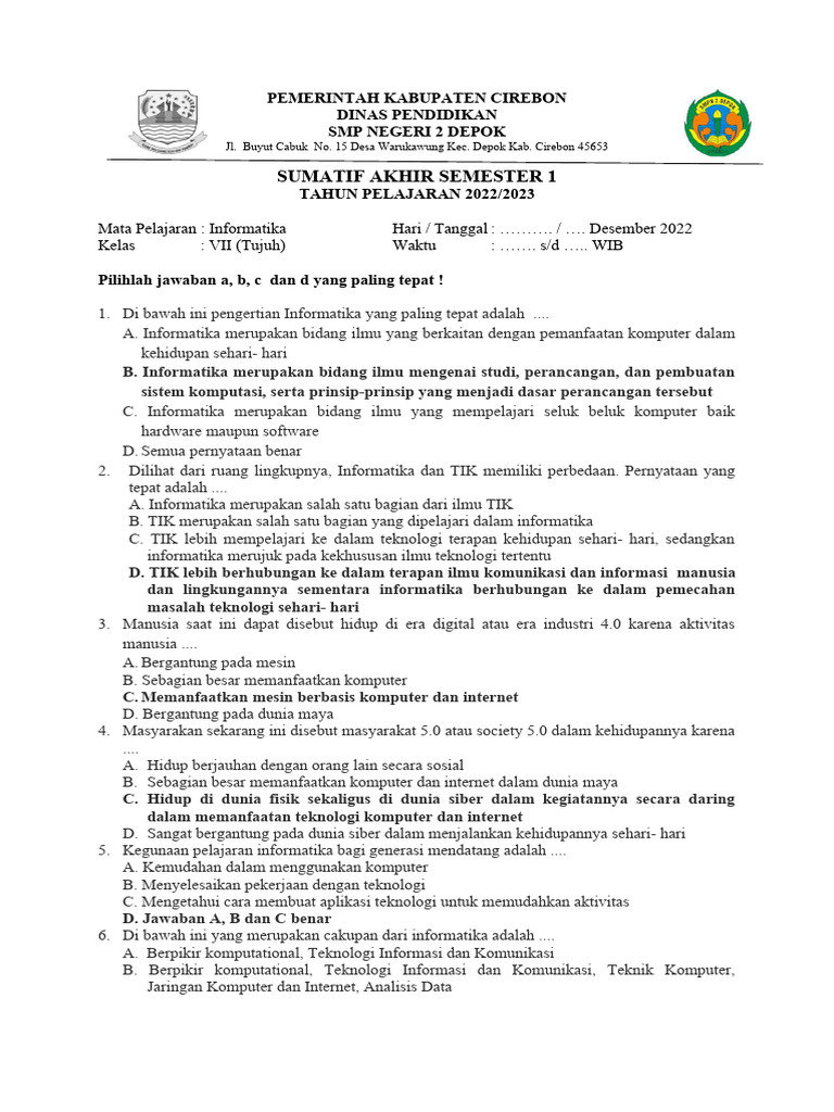 SOAL PAS INFORMATIKA (Ganjil - 7) 22-23 | PDF | Seni | Komputer