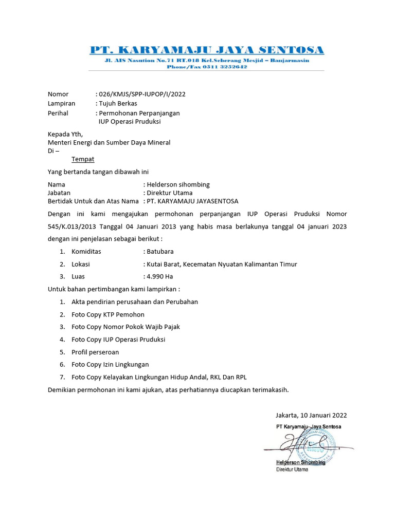 Surat Permohonan Perpanjangan IUP-OP | PDF
