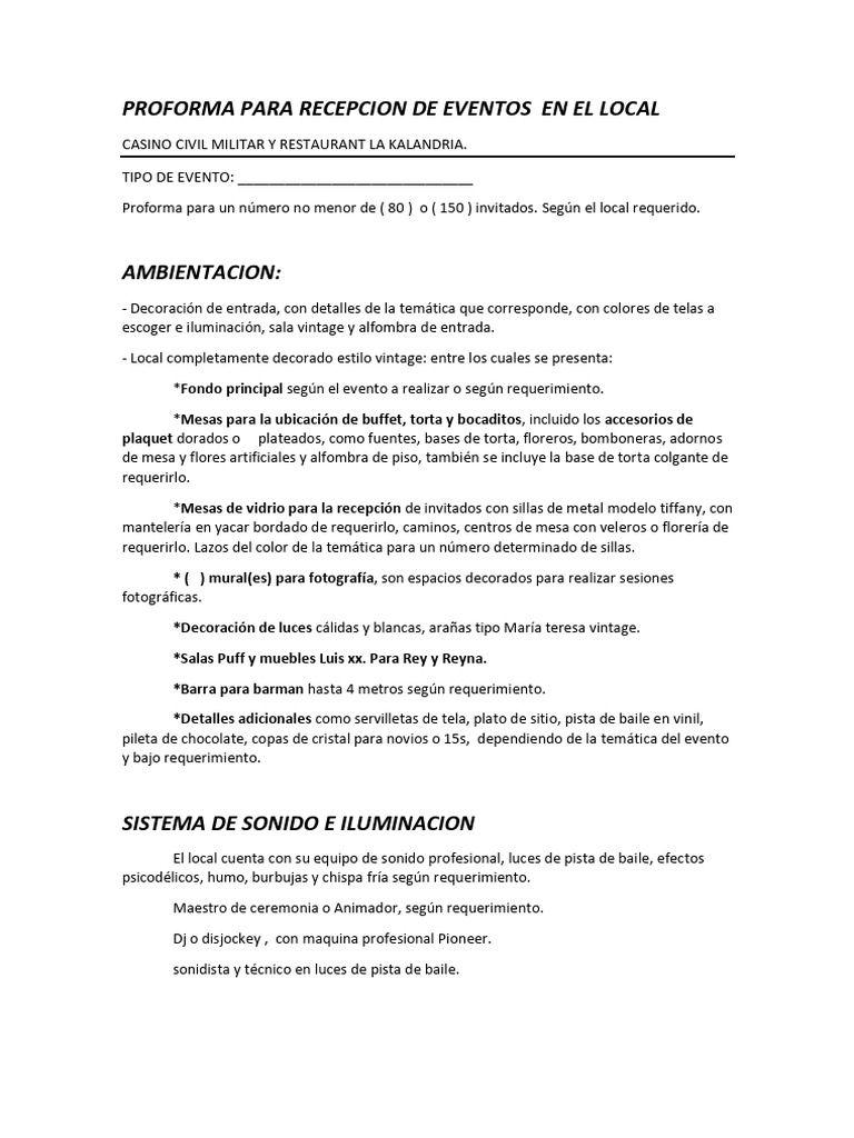 Proforma para Recepcion de Eventos Año 2023 1 | PDF