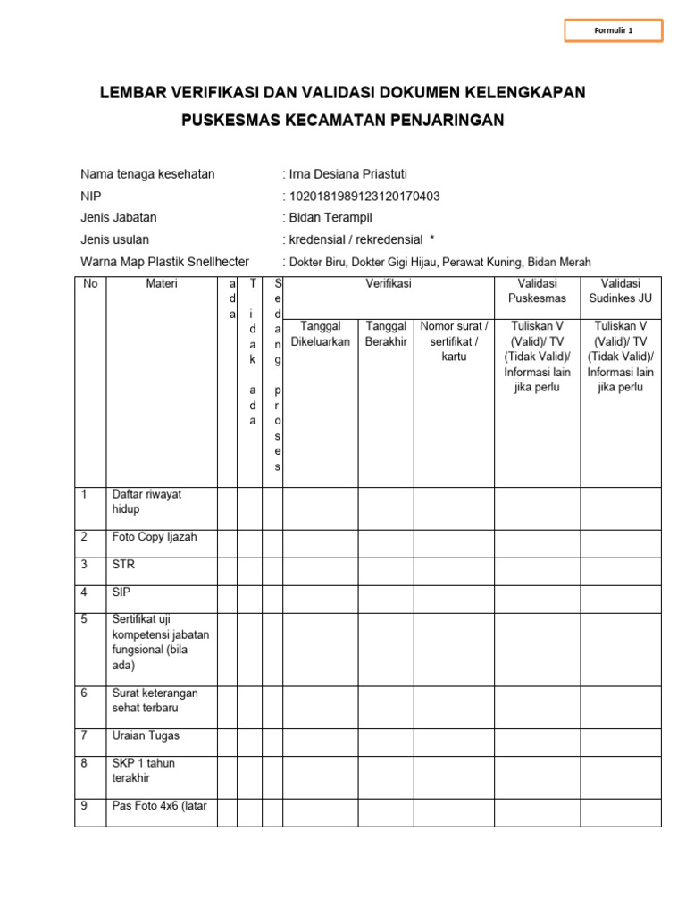 Lembar Verifikasi Dan Validasi Dokumen Kelengkapan | PDF