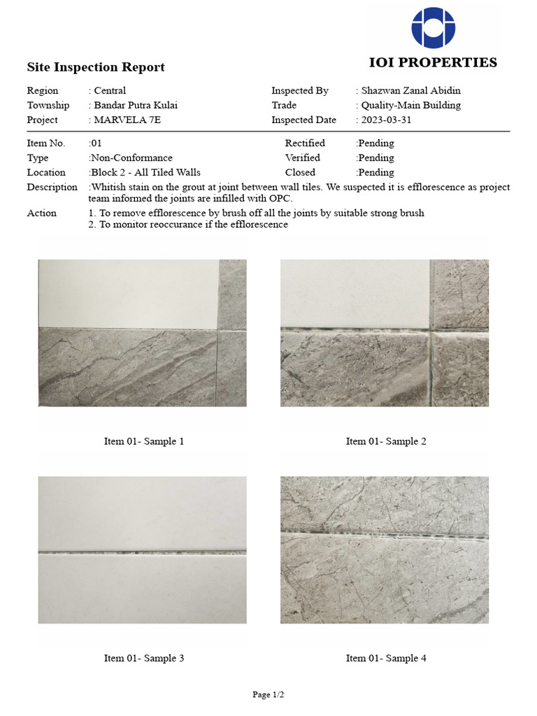 Site Quality-Main Building-Inspection Report For MARVELA | PDF