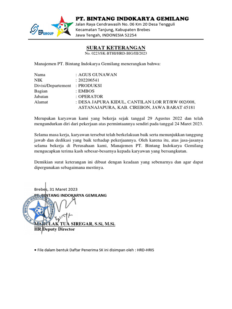 SK Paklaring Big - Agus | PDF