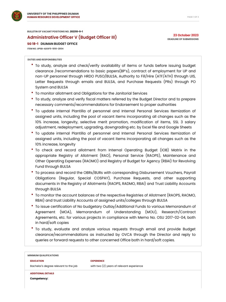 Administrative Officer V (Budget Officer III) - DILIMAN BUDGET OFFICE - UPSB-ADOF5-1010-2004 | PDF