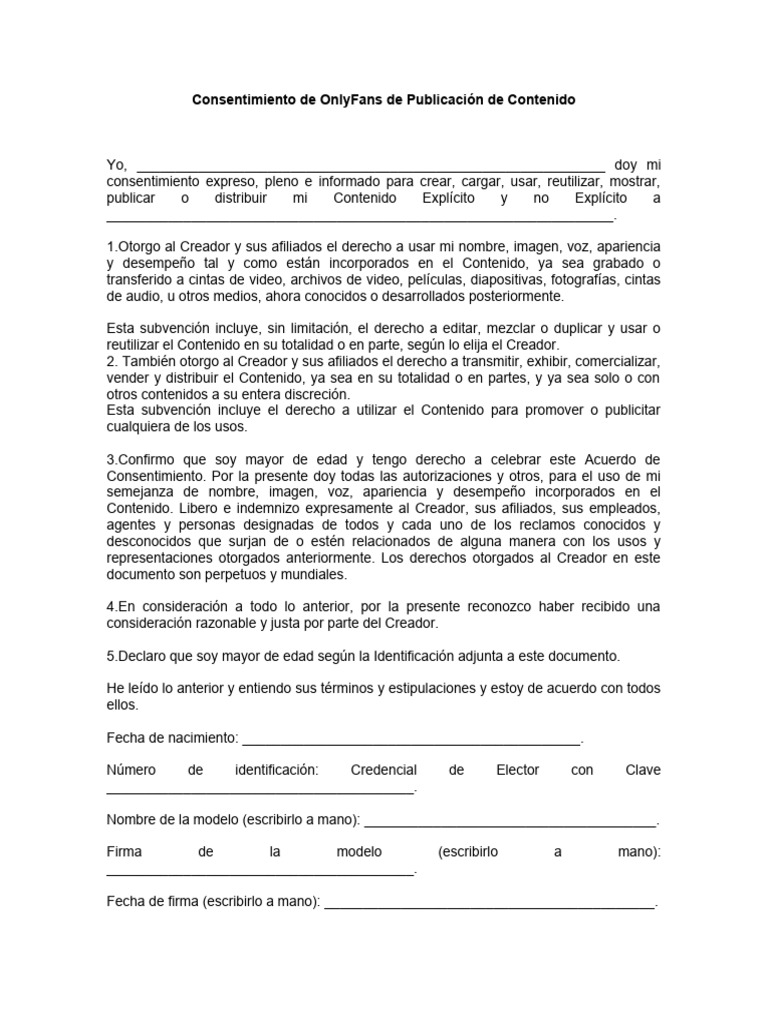 En Blanco Consentimiento de OnlyFans de Publicación de Contenido para Alemia Rojas | PDF