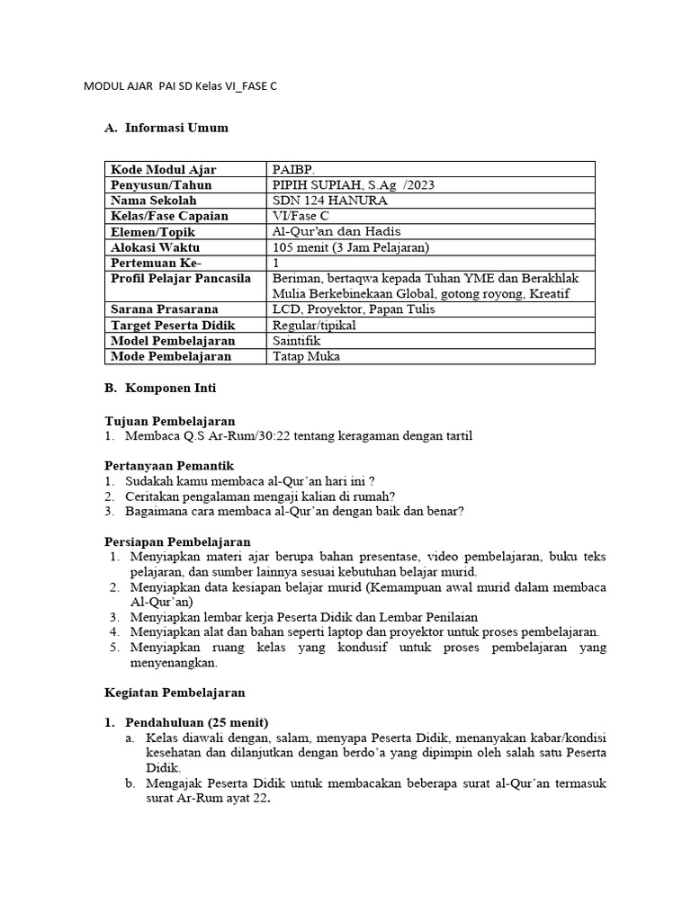 MODUL AJAR Kelas VI | PDF