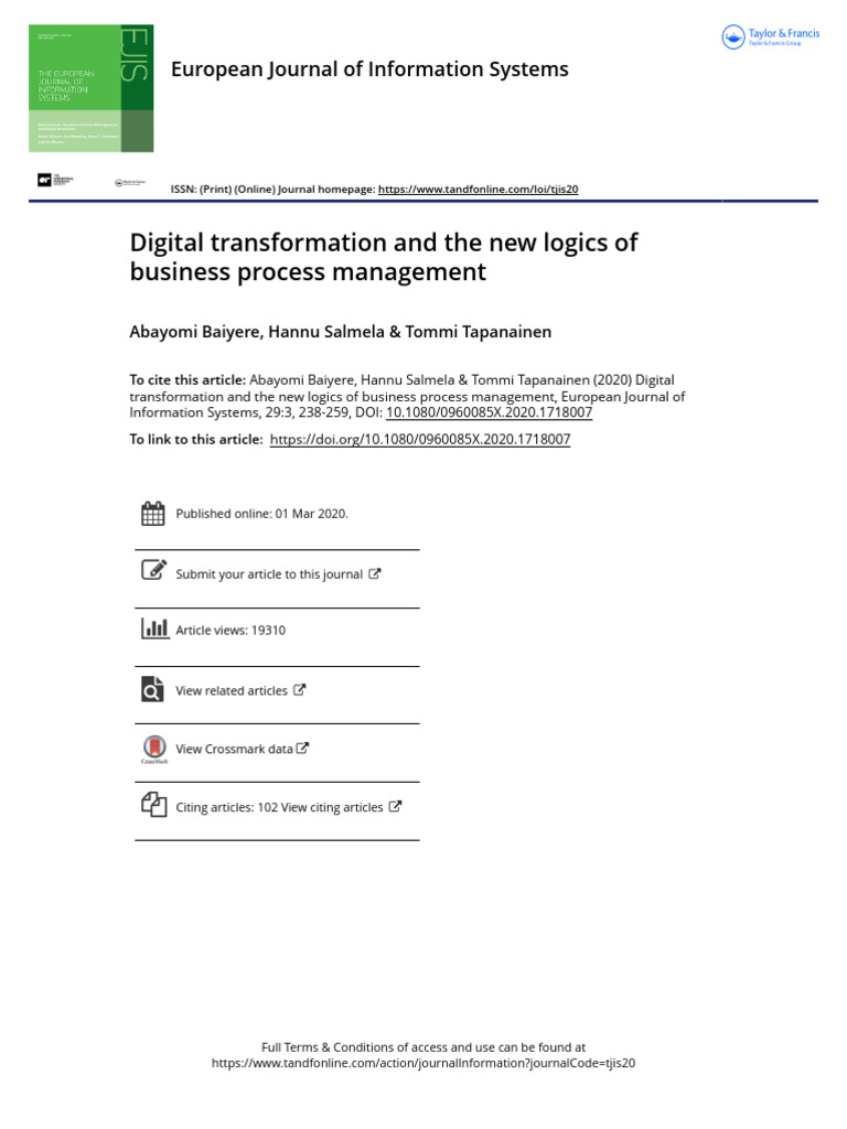 Digital Transformation and The New Logics of Business Process Management | PDF