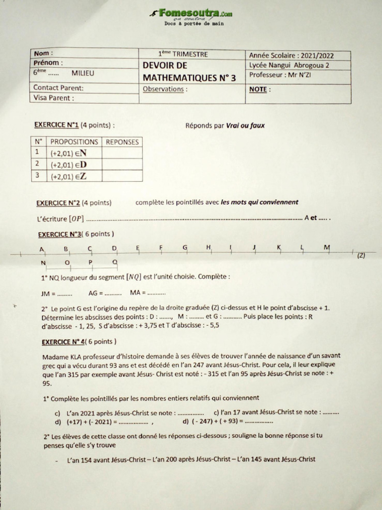 Devoir Maths 6e Nangui | PDF