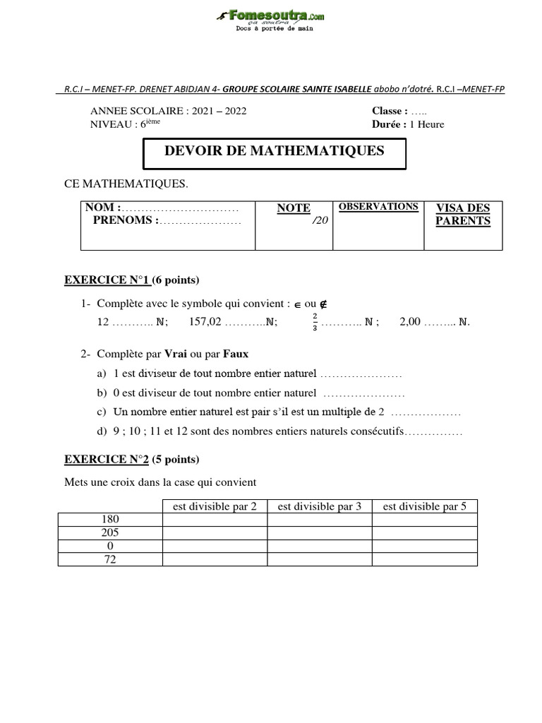Devoir Maths 6eme Isabelle | PDF