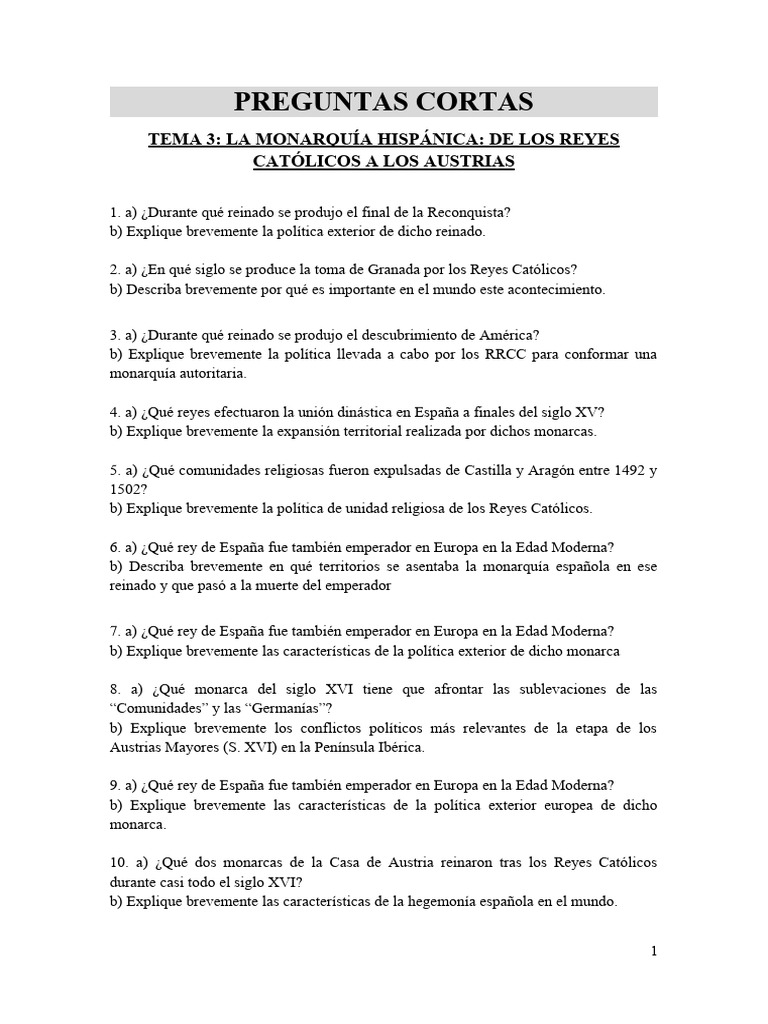 Preguntas Cortas Tema 3 RRCC y AUSTRIAS. SIN SOLUCIÓN | PDF