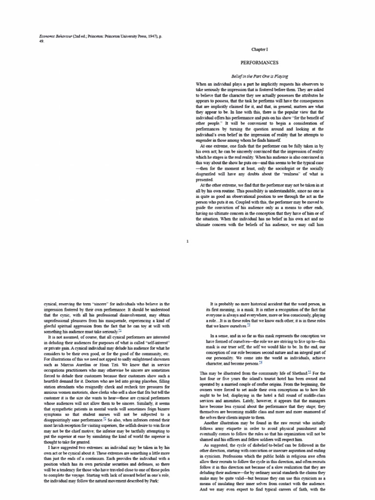 Goffman - The Presentation of Self in Everyday Life - 1959 | PDF