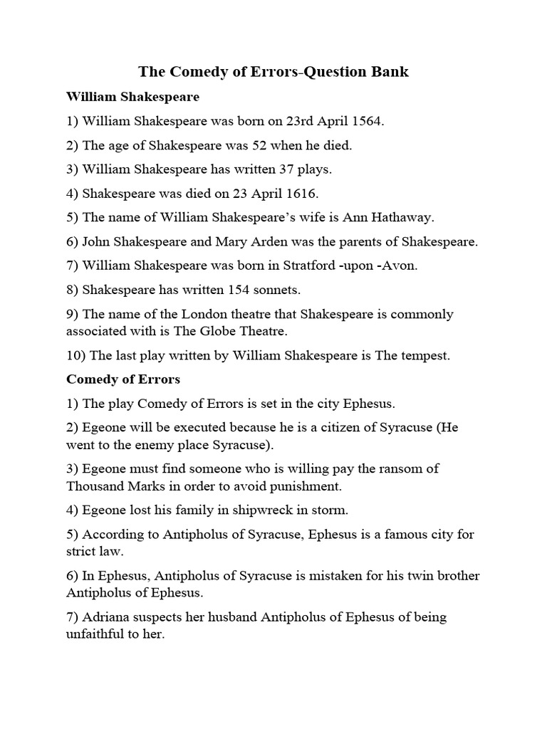 The Comedy of Errors-Question Bank | PDF