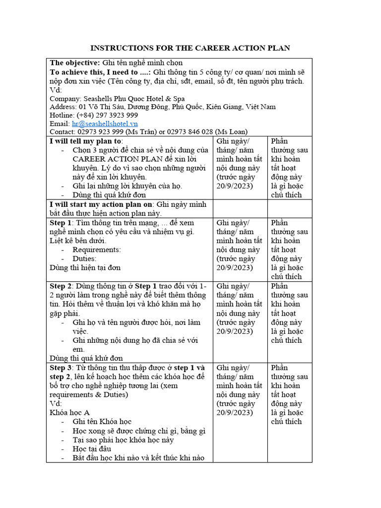 Instructions For The Career Action Plan | PDF