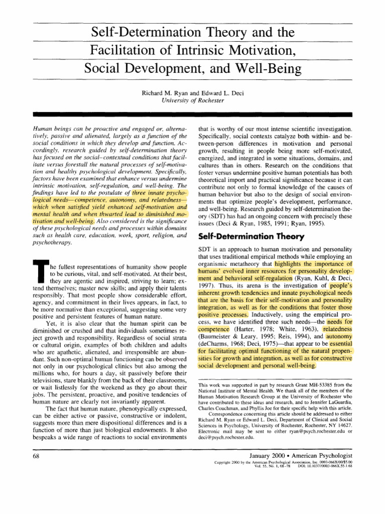 Ryan - Deci: Self Determination Theory | PDF | Motivation | Motivational