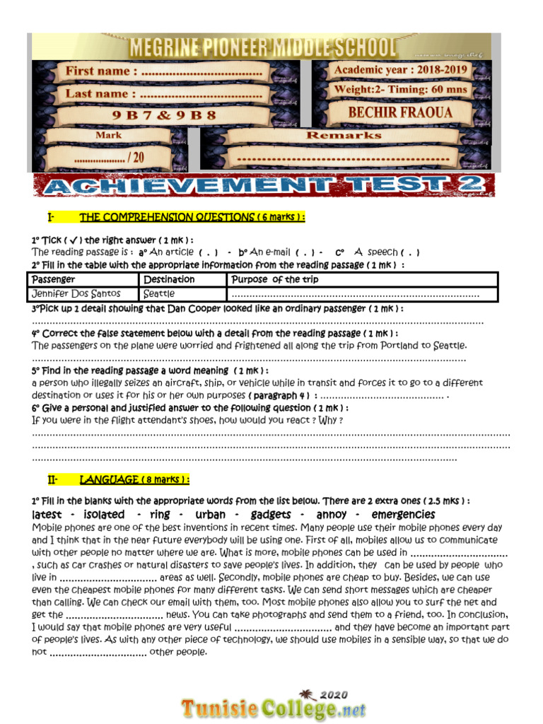 Devoir de Synthèse N°2 Collège Pilote - Anglais - 9ème (2018-2019) MR ...