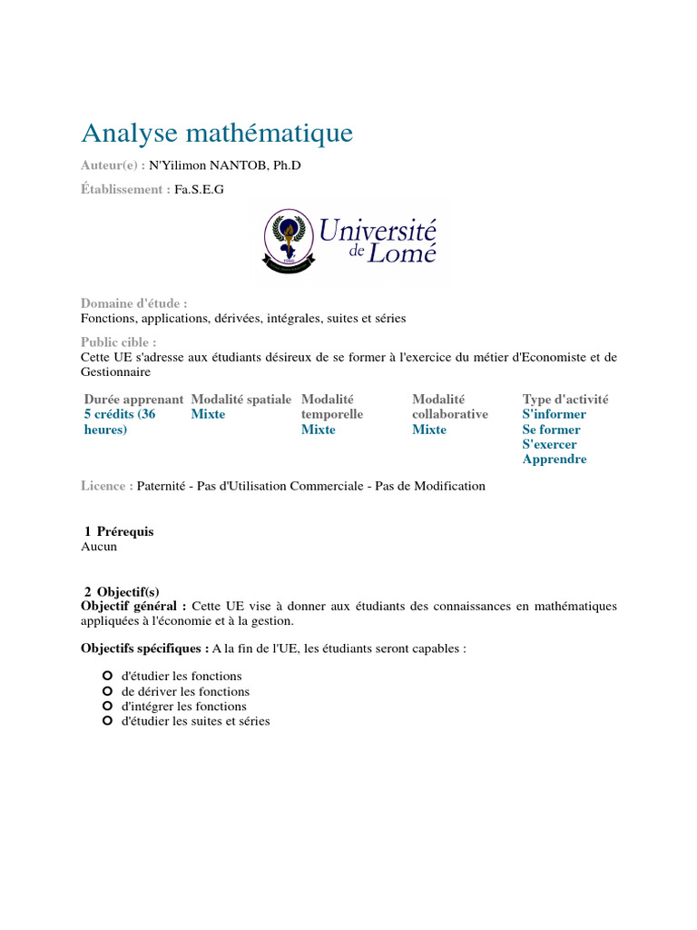 Syllabus Scénarisé Apprenant Analyse Mathématique 2022 2023 | PDF