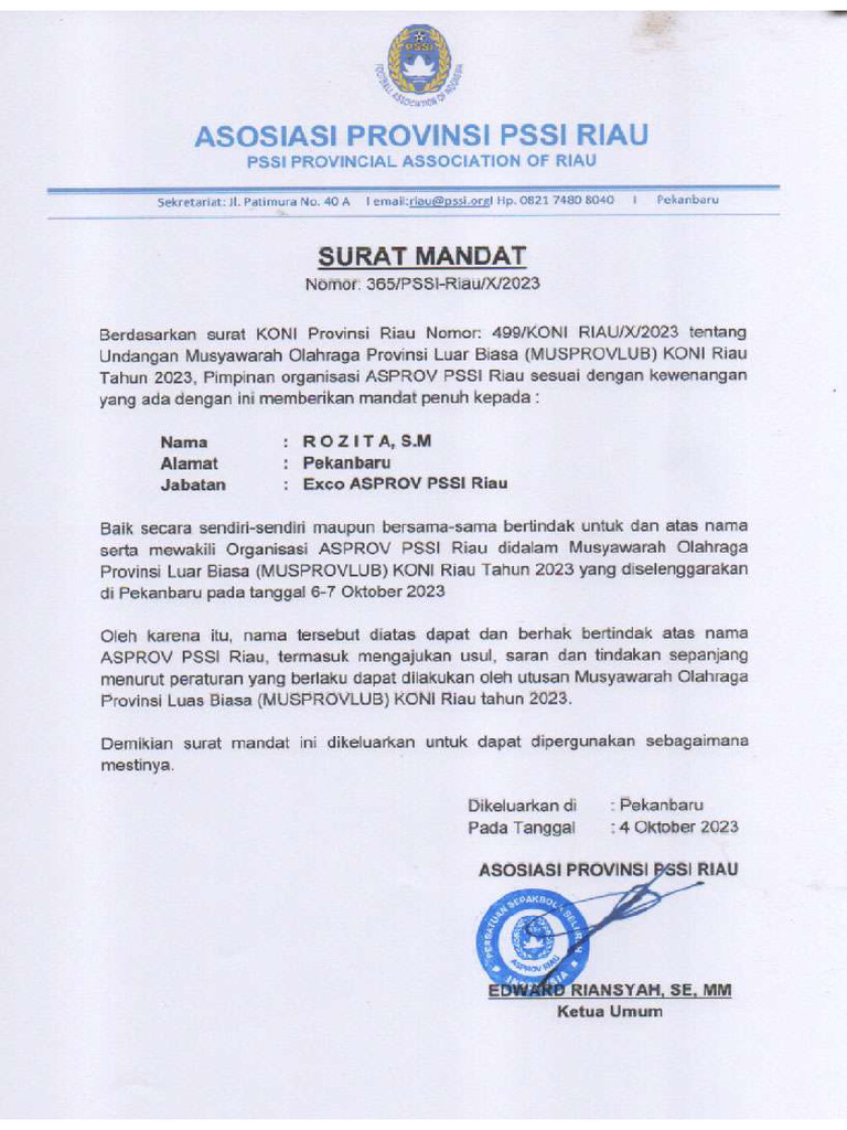 Surat Mandat PSSI Riau | PDF