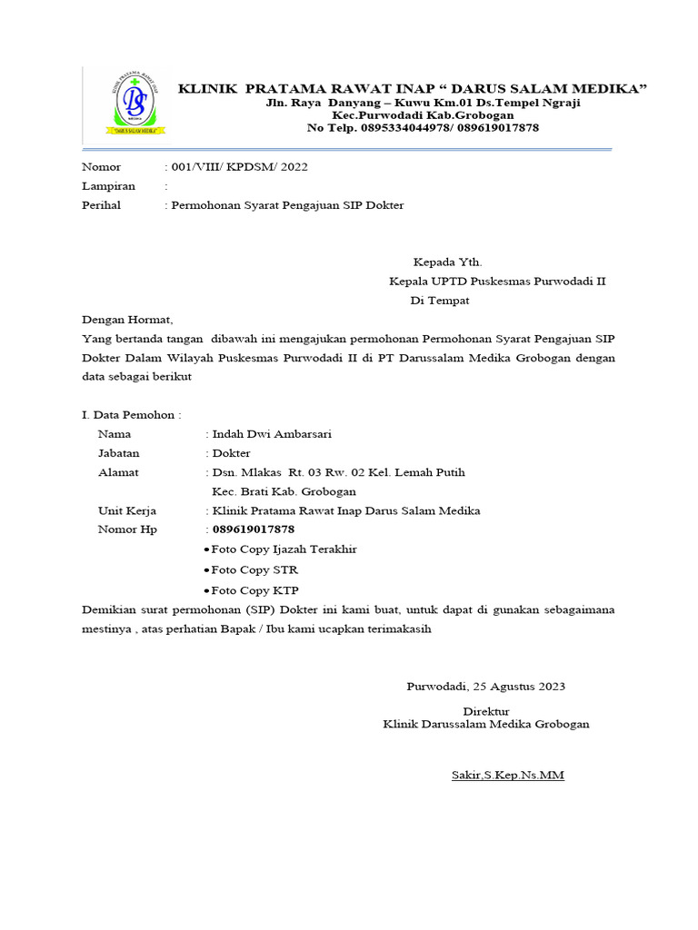 SURAT PERMOHONAN Ke PUSKESMAS PWDD II | PDF