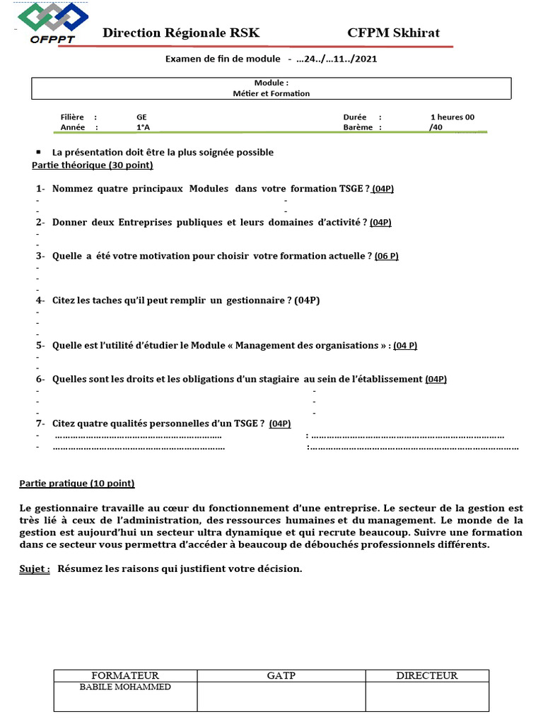 EFM Métier et formation TSGE - B | PDF