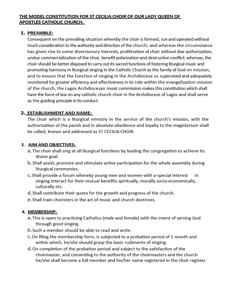 The Model Constitution For ST Cecilia Choir of Our Lady Queen of ...